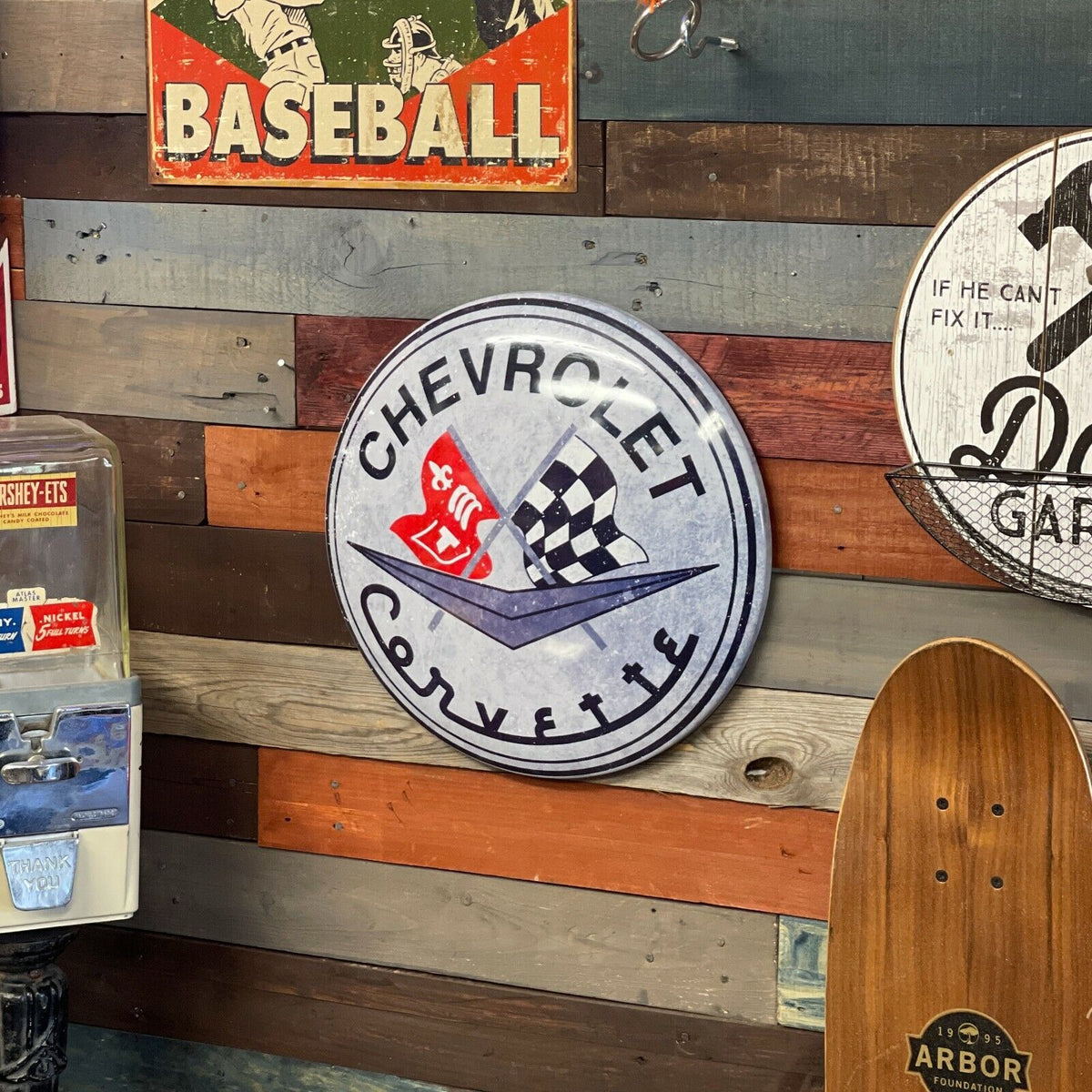 Chevrolet Corvette Dome Sign, 15" Round Metal, Bar Man Cave Game Room ...