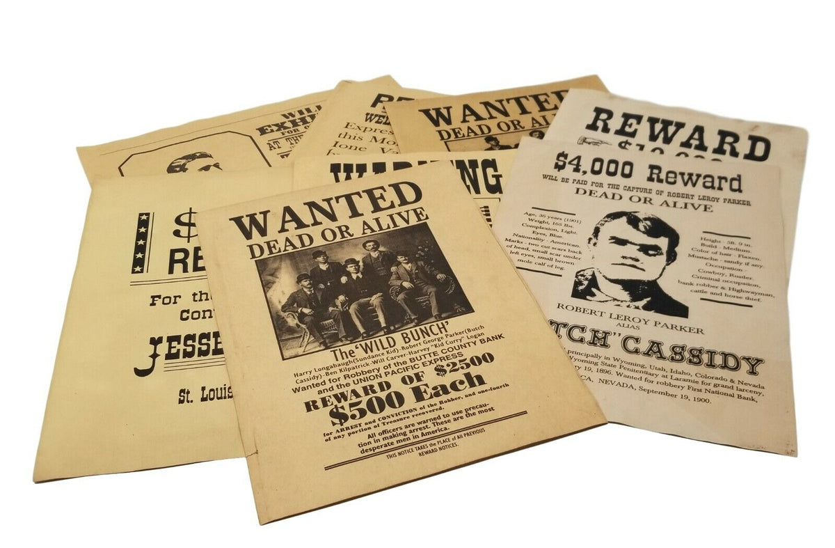 Old West Wanted Posters 12 PC Set 8.5" x 11" Parchment With Antique Fi ...