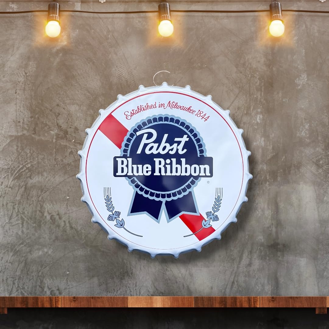 Pabst Blue Ribbon PBR Beer Metal Wall Sign, 16 Inch Bottle Cap Design ...